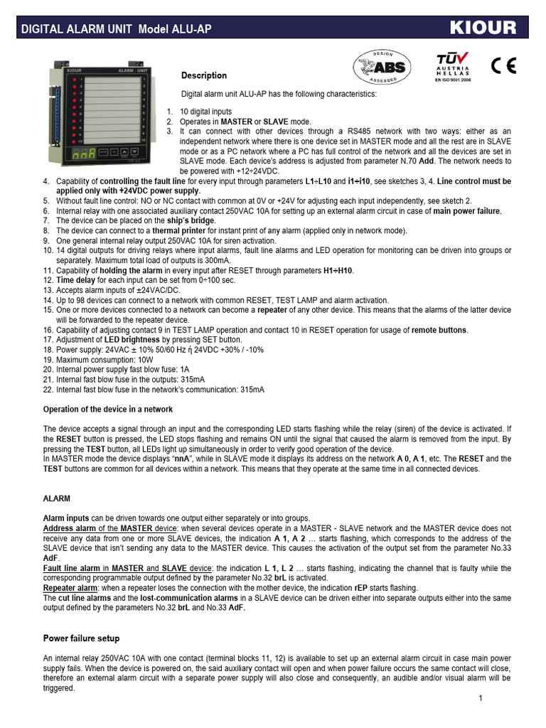 Kiour ALU-AP Digital Alarm Unit Guide | PDF | Power Supply | Fuse ...