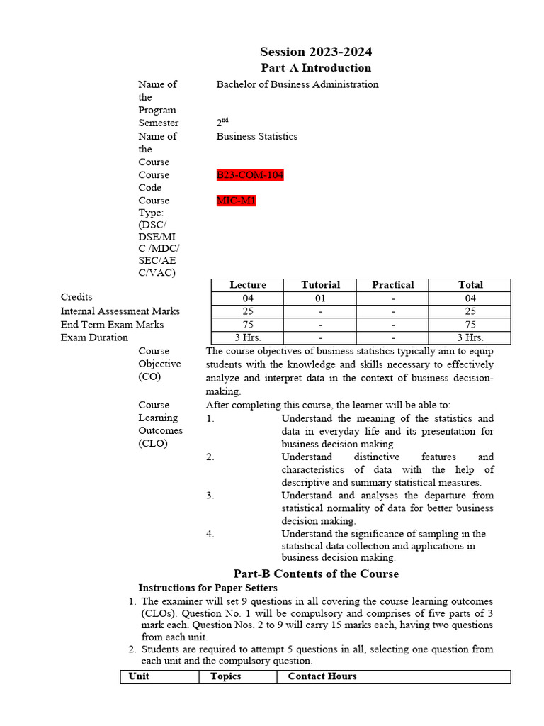 BBA 2nd Sem: Business Statistics | PDF | Mean | Statistics