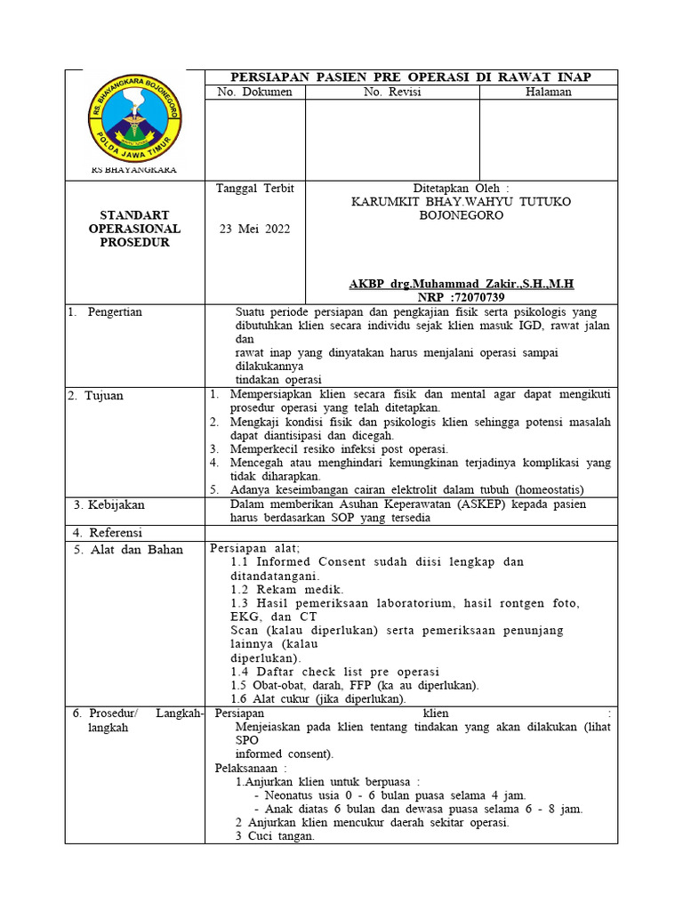 SOP - PERSIAPAN PASIEN PRE OPERASI DI RAWAT INAP Pelangi | PDF