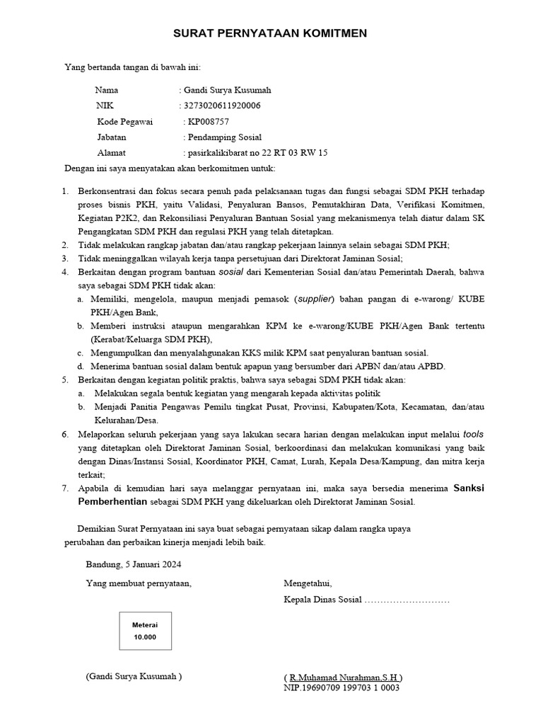 Surat Pernyataan Komitmen, SPTJM, Kode Etik | PDF