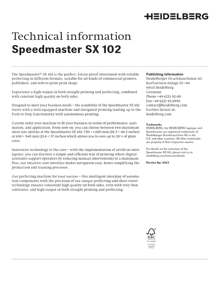 Technical Data Speedmaster SX 102 | PDF | Length | Computing