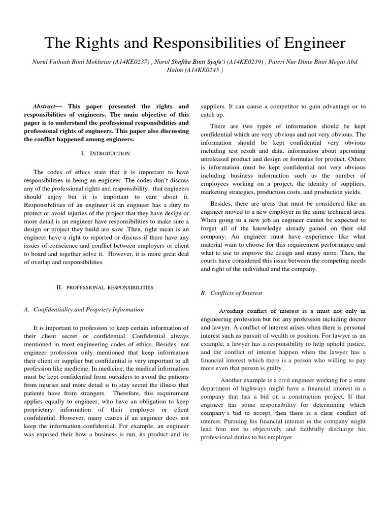 RIGHT AND RESPONSIBILITIES OF ENGINEER REPORT | PDF | Conflict Of ...