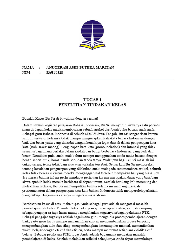 Tugas 1 Penelitian Tindakan Kelas | PDF