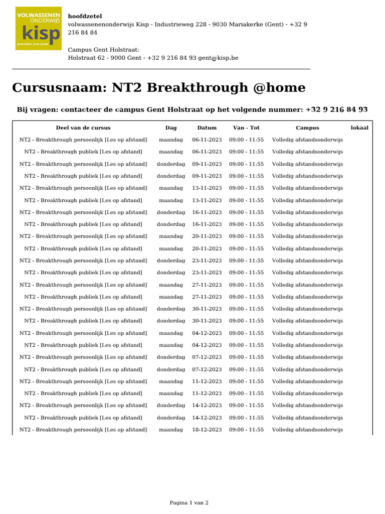 Kalender NT2 Breakthrough @home 85778 | PDF