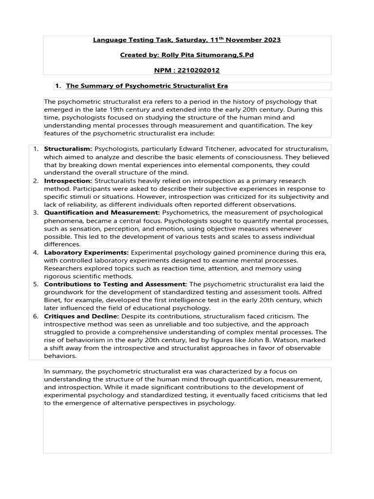 The Summary of Psychometric Structuralist Era 11-11-2023 | PDF ...