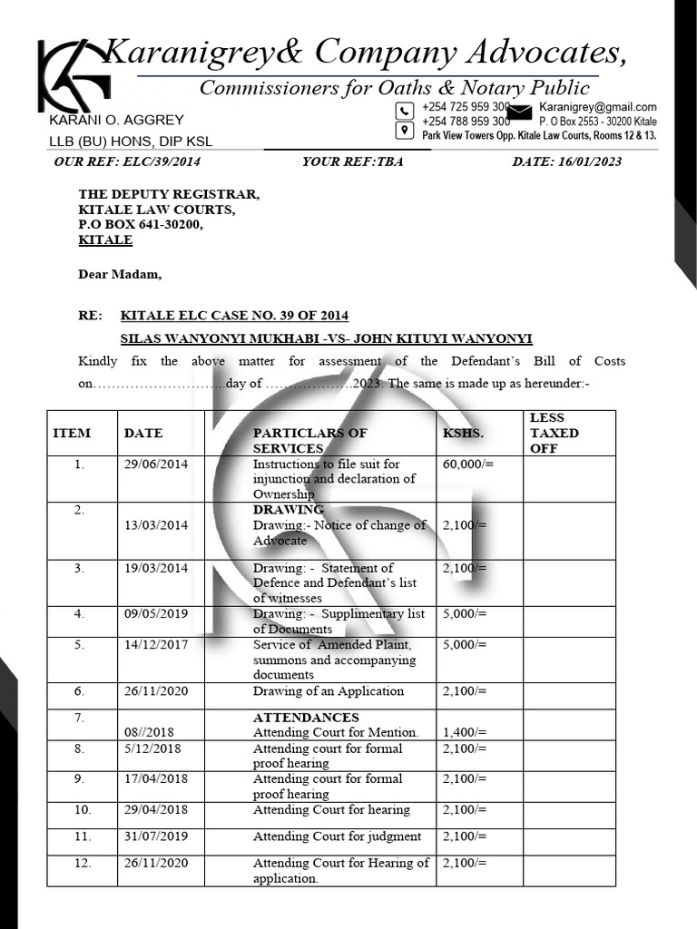 Bill of Costs - John Kitui Wanyonyi | PDF | Practice Of Law | Government
