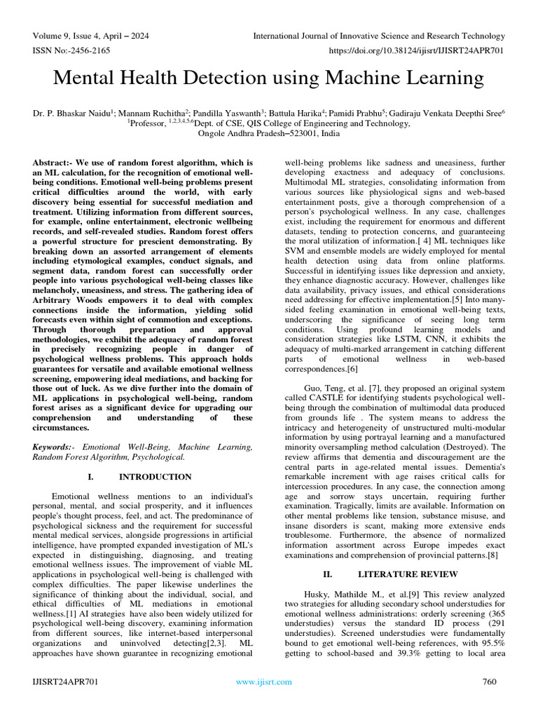 Mental Health Detection Using Machine Learning Pdf Psychology