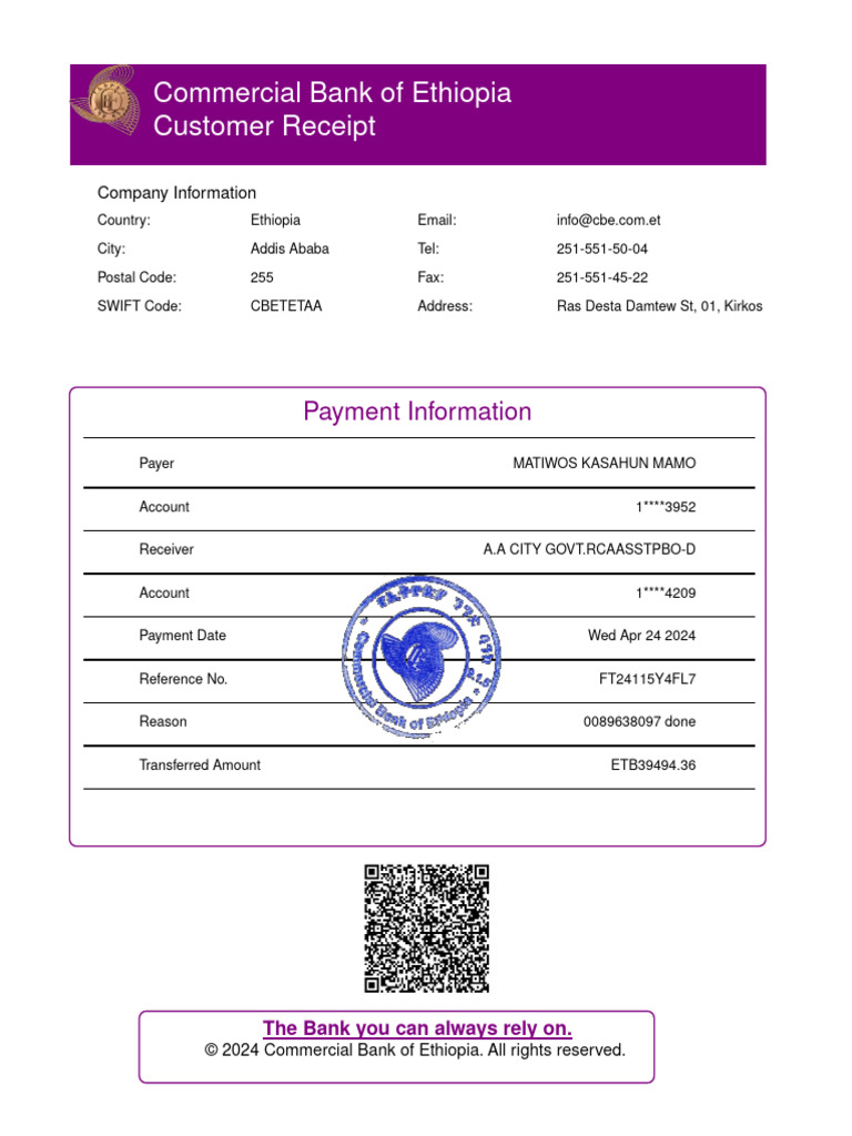 CBE Customer Receipt for Payment ETB39494.36 | PDF