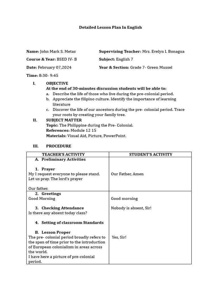 DETAILED LESSON PLAN - Docx 2024.docx Pre - Colonial Period | PDF ...
