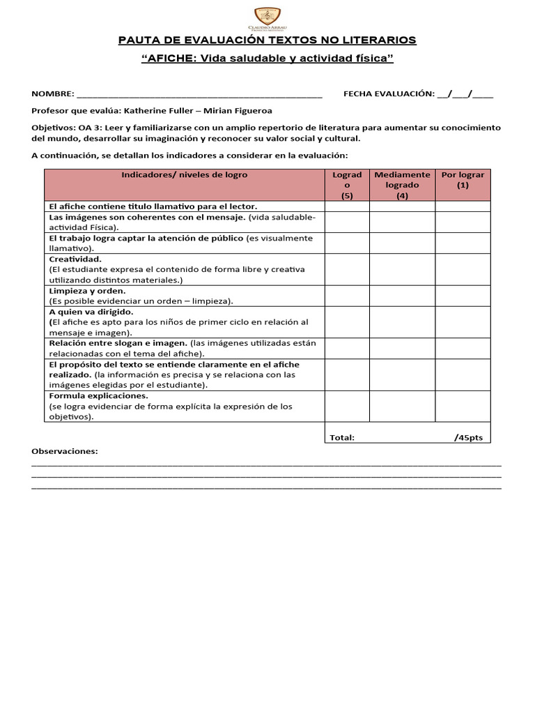 RUBRICA - DE AFICHE 5°básico | PDF