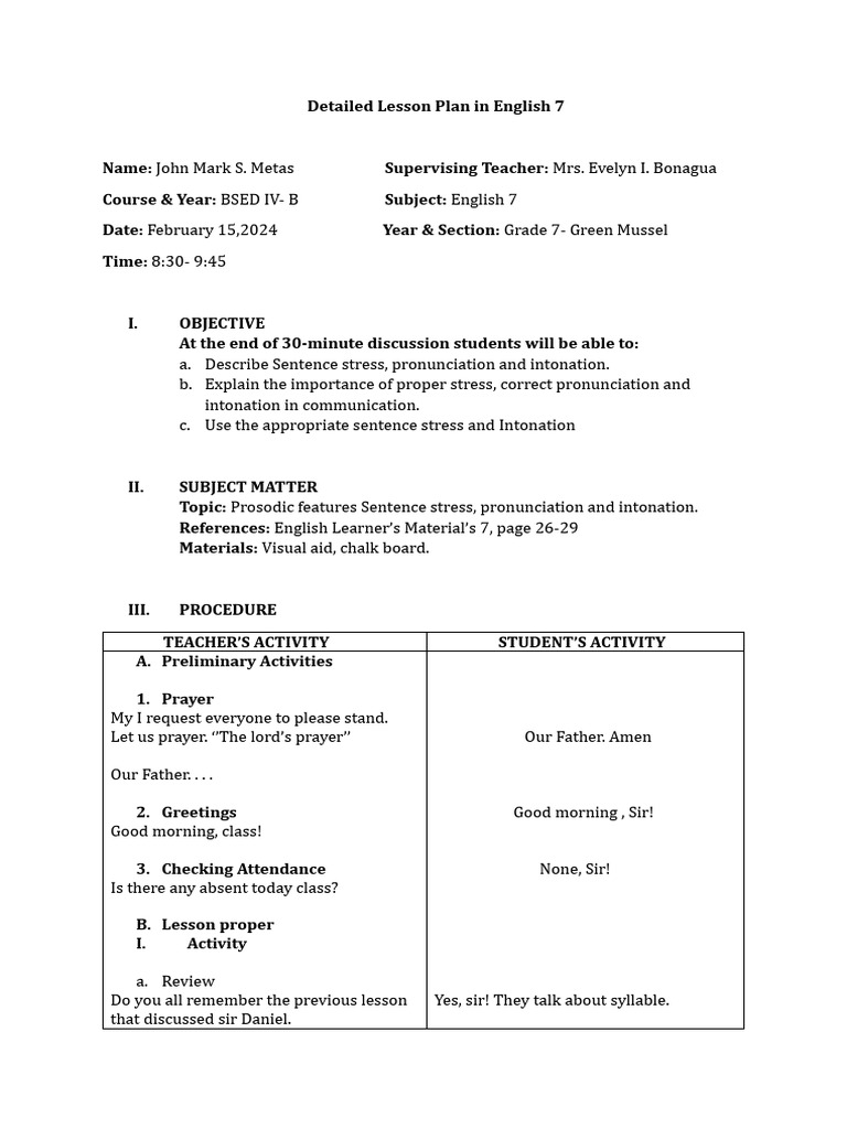Detailed Lesson Plan - Docx Sentence and Stress | PDF | Stress ...