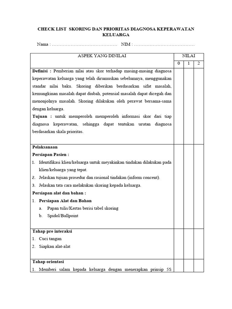 Check List Skoring Dan Prioritas Diagnosa Keperawatan Keluarga | PDF