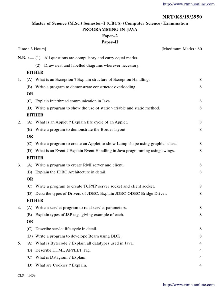 Msc 1 Sem Computer Science Programming In Java 2950 Summer 2019 Pdf Java Programming 