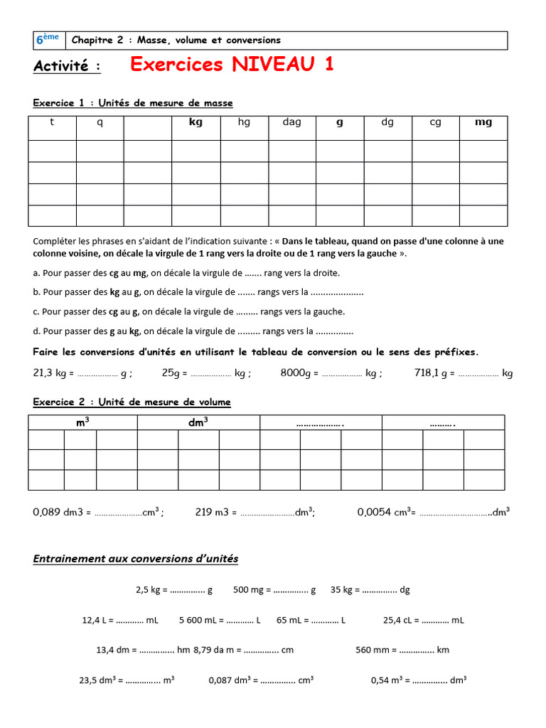 Exercices de conversion masse et volume | PDF | Unité de mesure