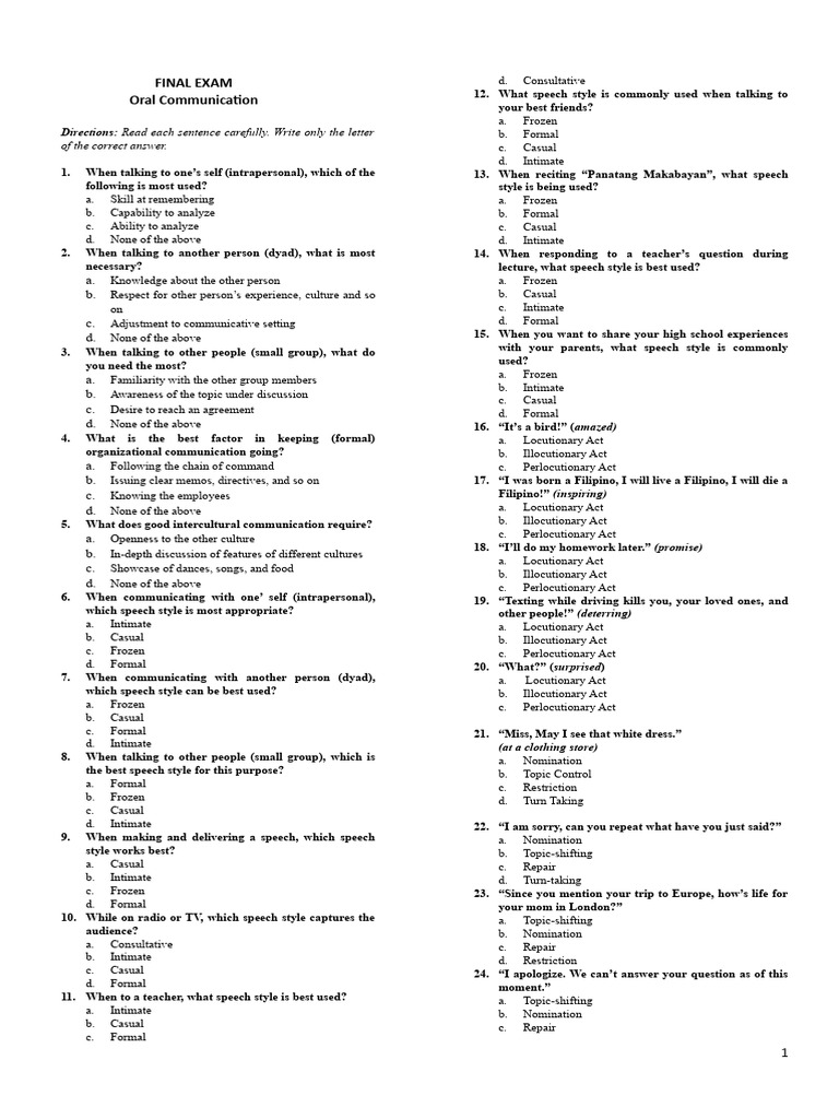 FINAL EXAM in Oral Communication | PDF | Communication | Conversation