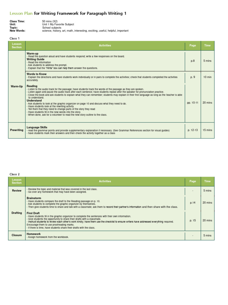 Writing Framework For Paragraph Writing 1 - Lesson - Plan | PDF ...