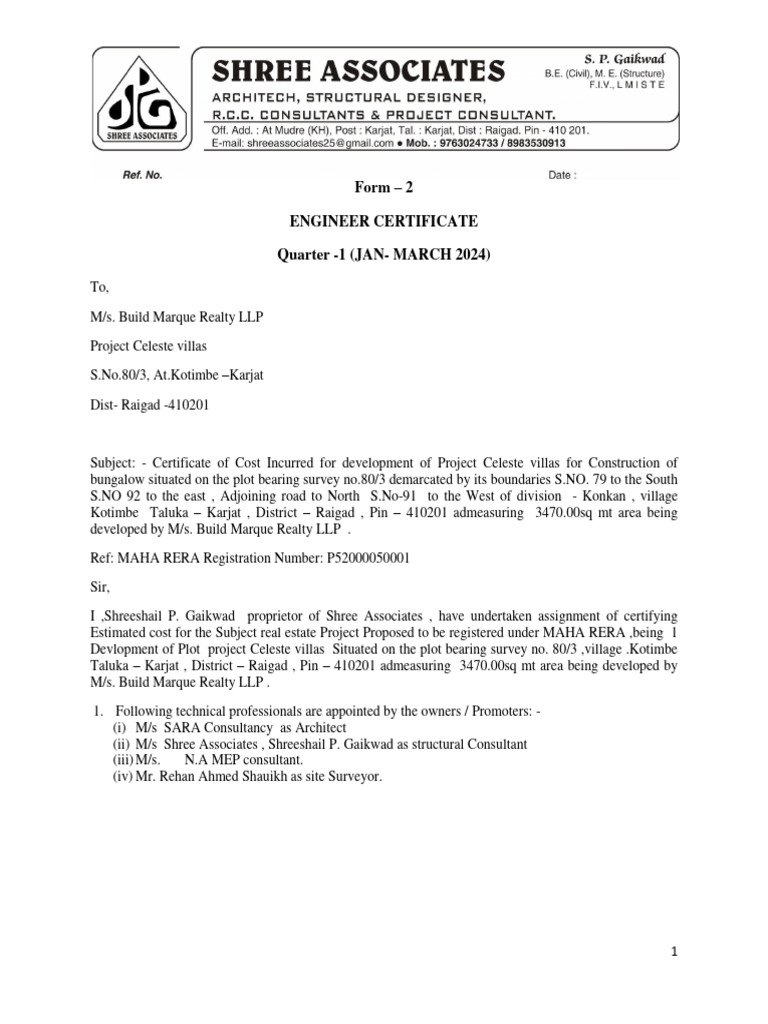 Engineer Cost Certificate Q1 2024 | PDF | Cost