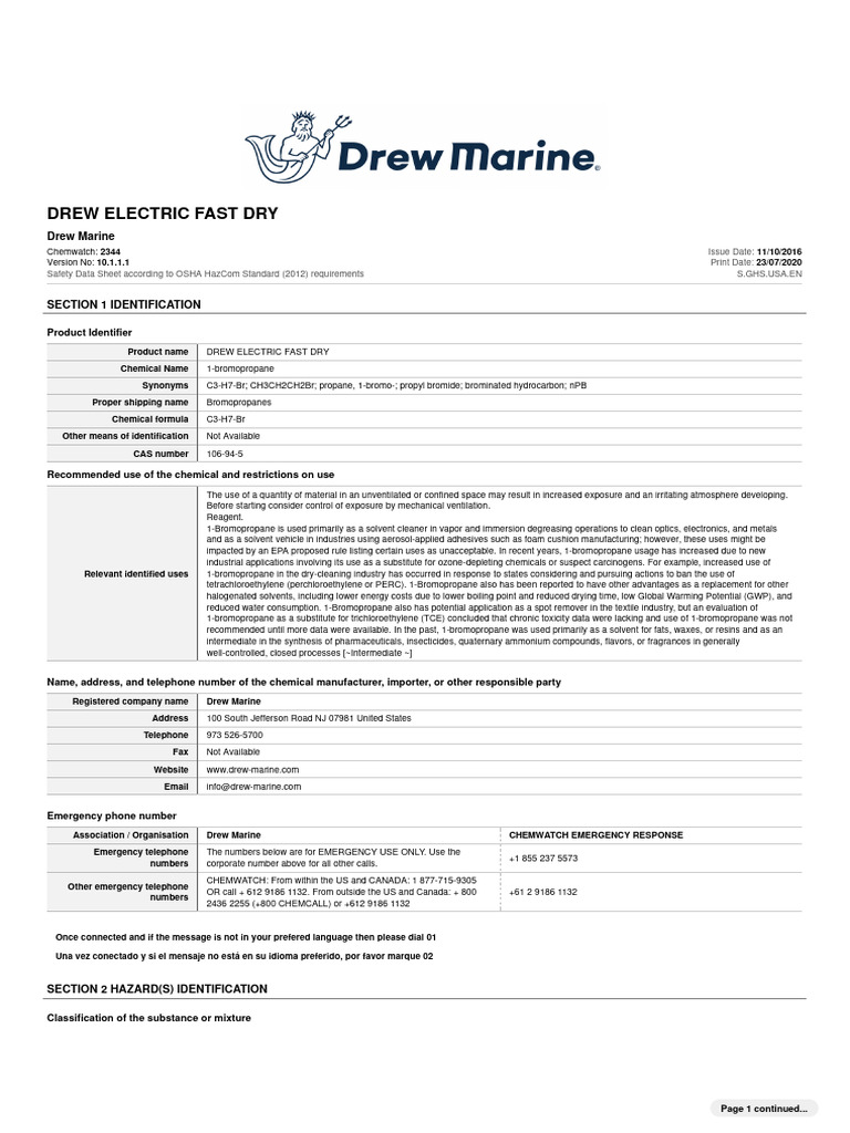 Drew Electric Fast Dry Safety Data Sheet | PDF | Fires | Combustion