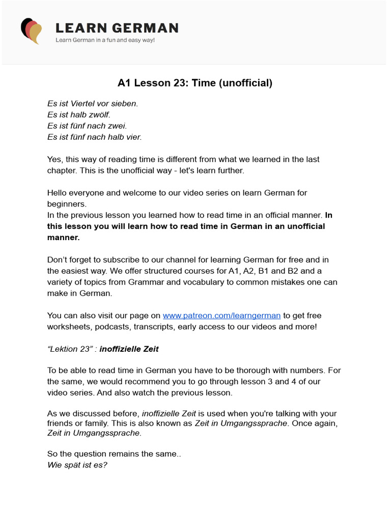 A1 - Lektion 23 - Unofficial Time | PDF