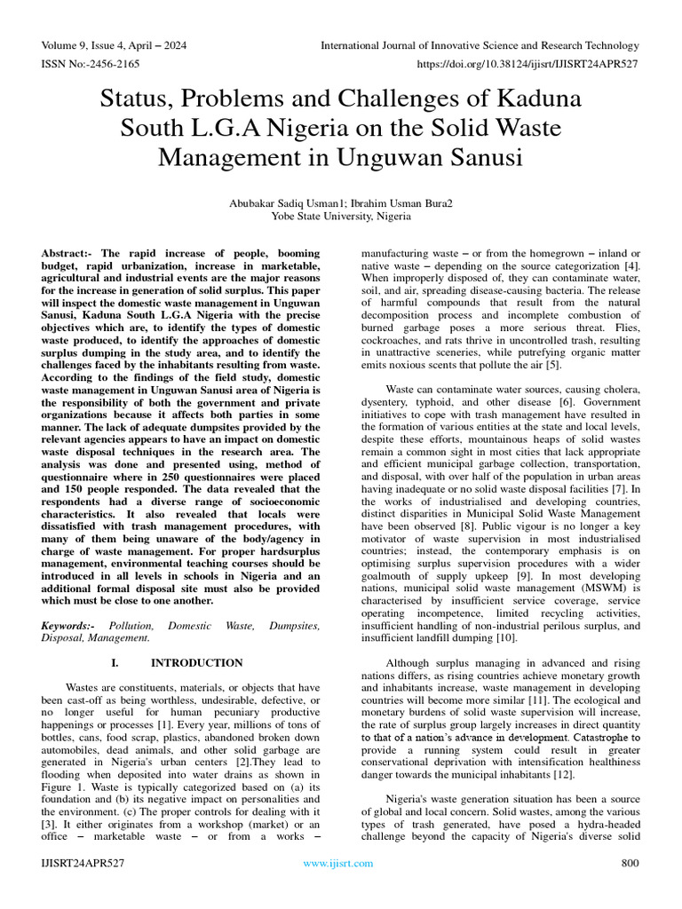 Status, Problems and Challenges of Kaduna South L.G.A Nigeria On The ...