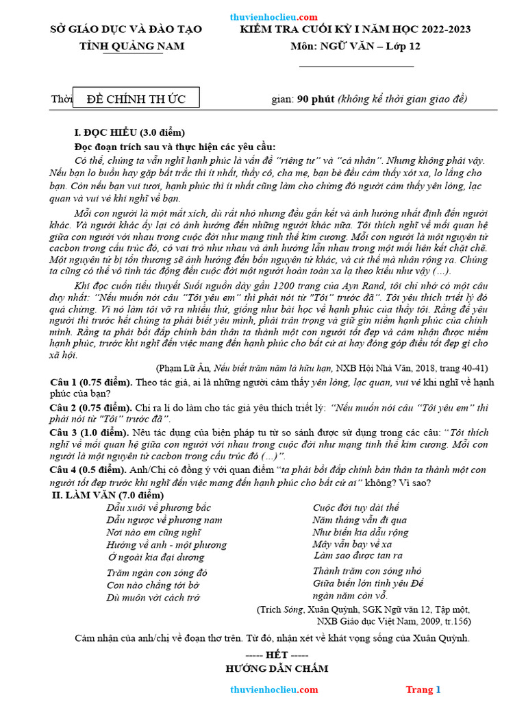De Thi HK1 Ngu Van 12 Quang Nam 22 23 | PDF