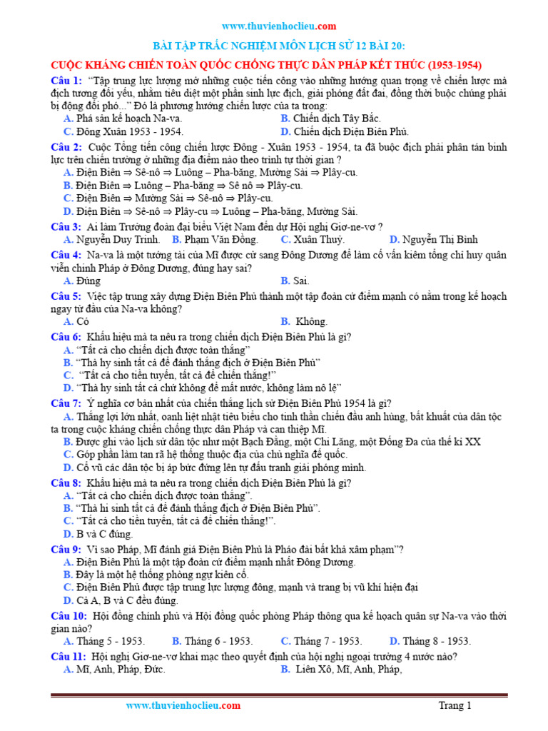 Trac Nghiem Lich Su 12 Bai 20 | PDF