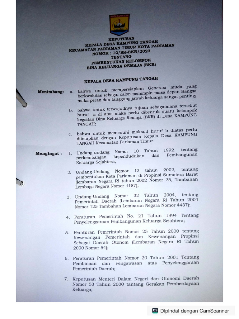 SK Pembentukan Kelompok Bina Keluarga Remaja (BKR) | PDF