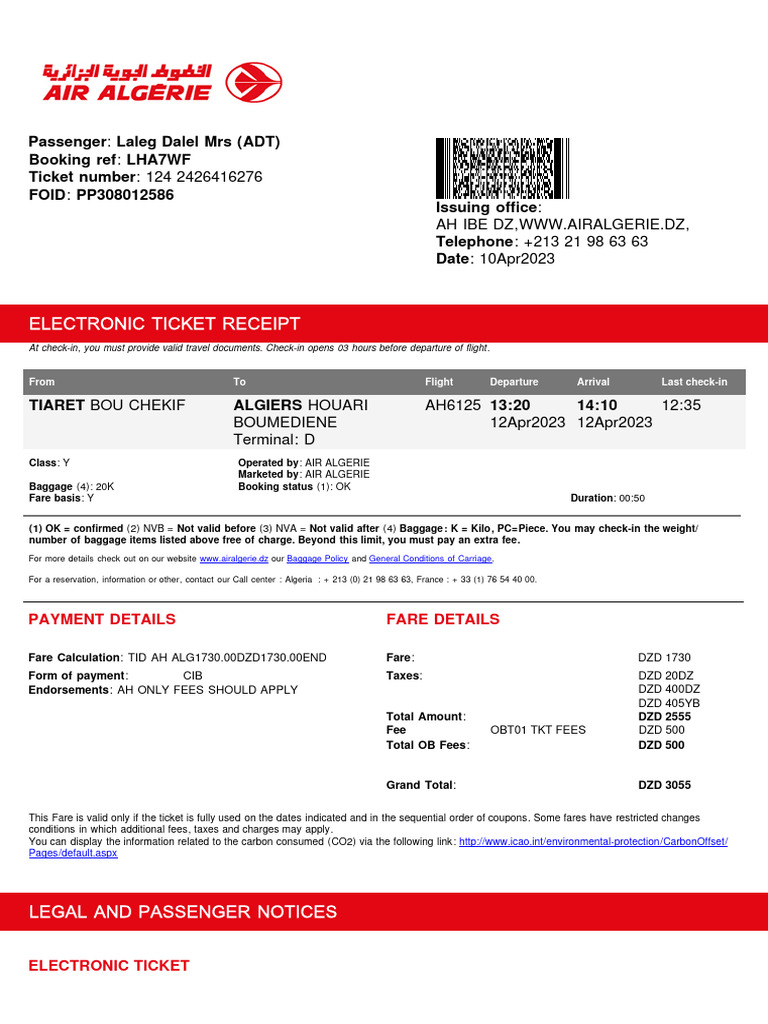 Air Algerie Confirmation DALEL LALEG LHA7WF | PDF