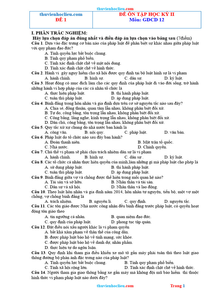 Bo de Thi GDCD 12 Co Dap An | PDF