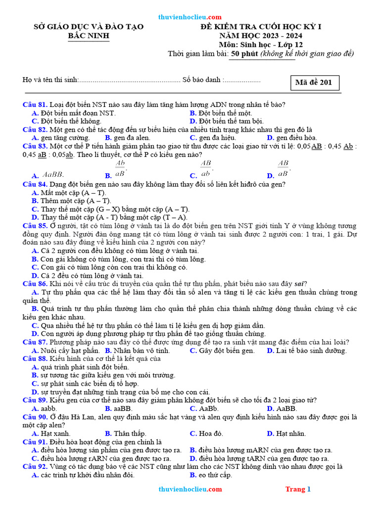 De Thi HK1 SINH 12 So GD Bac Ninh 23 24 | PDF