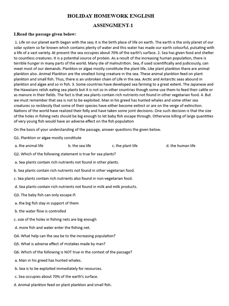 HOLIDAY HOMEWORK ENGLISH Assingment 1 | PDF | Sea | Plankton