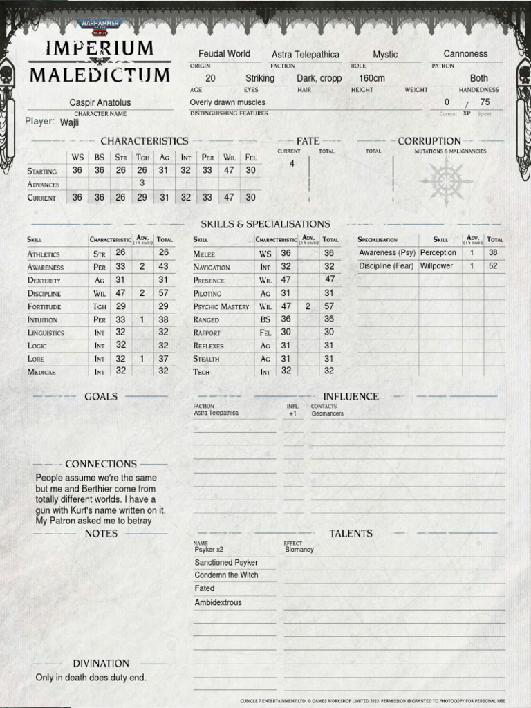 Imperium Maledictum - Character - Sheet - Fillable | PDF