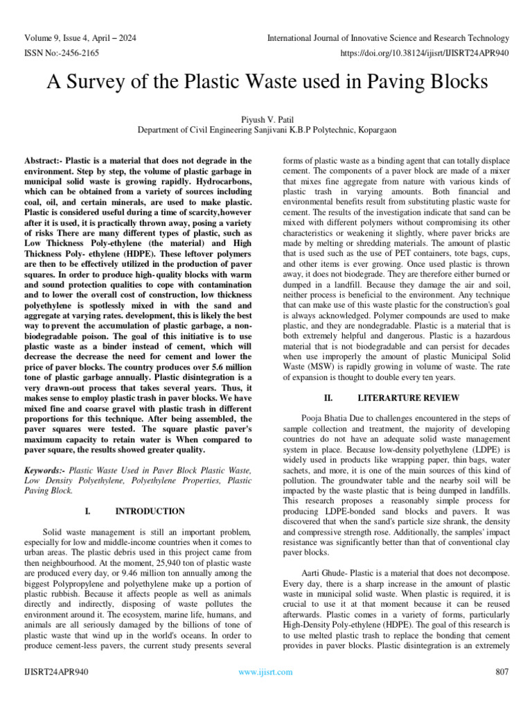 A Survey of the Plastic Waste used in Paving Blocks | PDF | Plastic | Waste