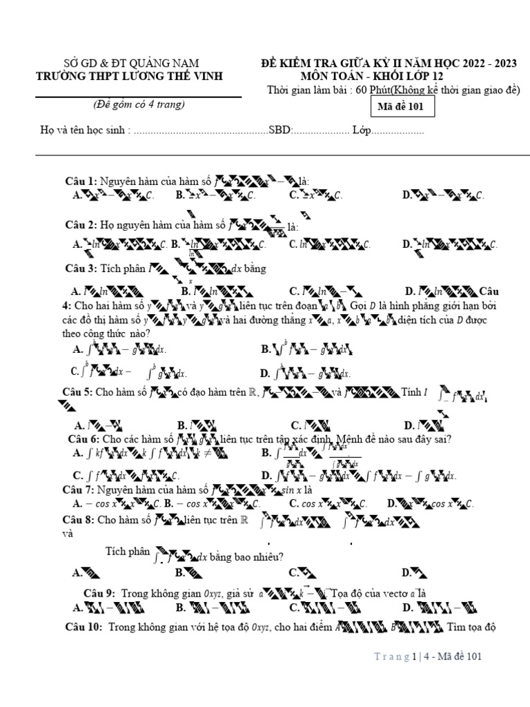 De Giua Ky 2 Toan 12 Nam 2022 2023 Truong THPT Luong The Vinh Quang Nam | PDF