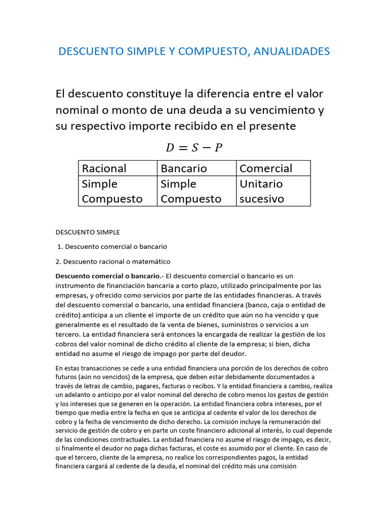 Descuento Simple Y Compuesto, Anualidades: Descuento Comercial o ...