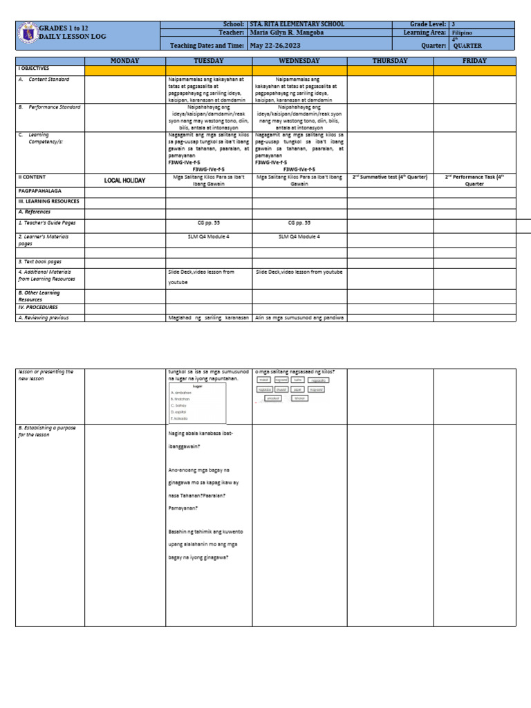 Fil-3 Q4 W4-DLL | PDF