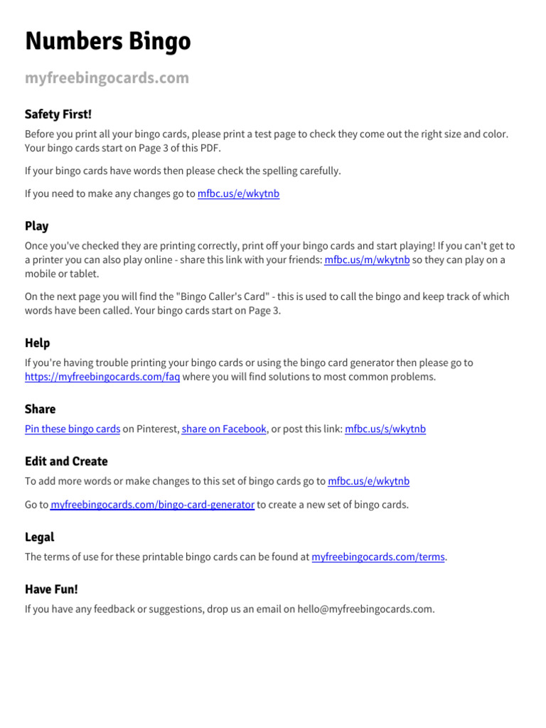 Bingo numbers and directions | PDF
