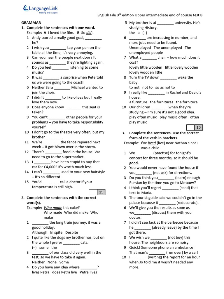 Upper Intermediate Course Test B | PDF | Employment | Audition