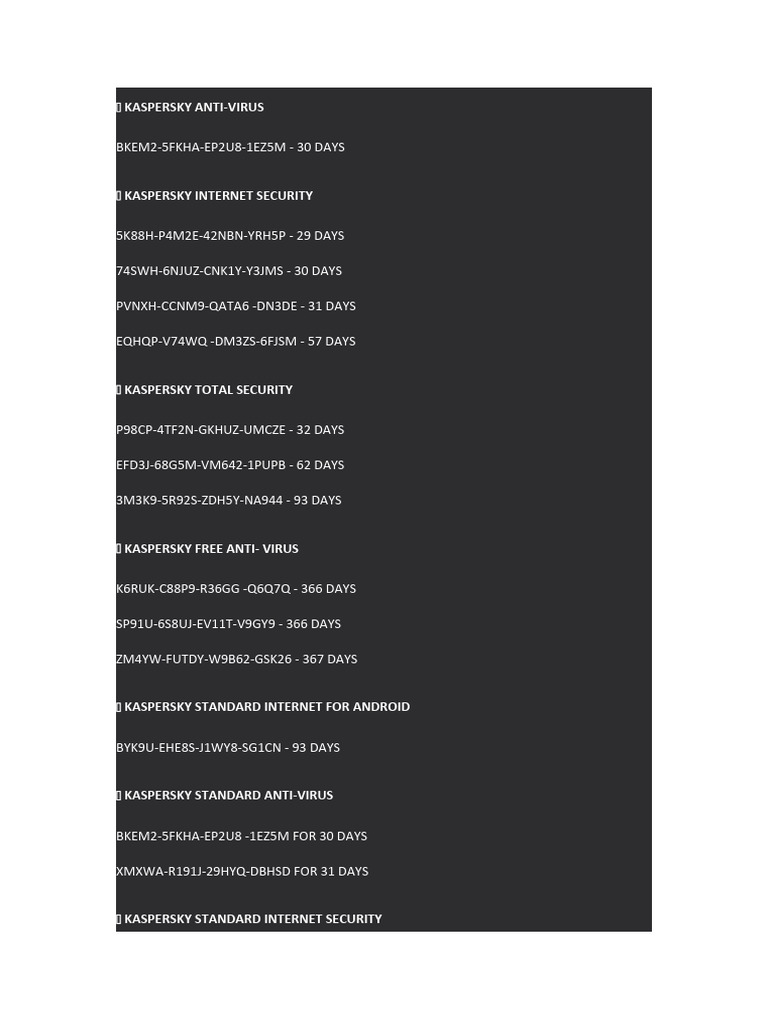 Kaspersky Activation Keys and Codes | PDF