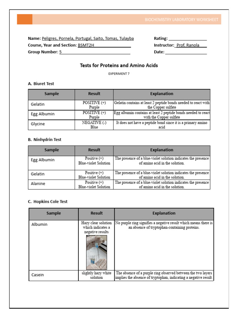 Group 5 Experiment 7 Tests For Proteins and Amino Acids Biochem Lab ...