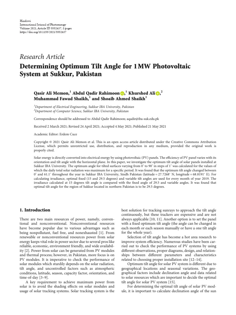 Determining Optimum Tilt Angle For 1MW Photovoltai | PDF | Photovoltaic ...