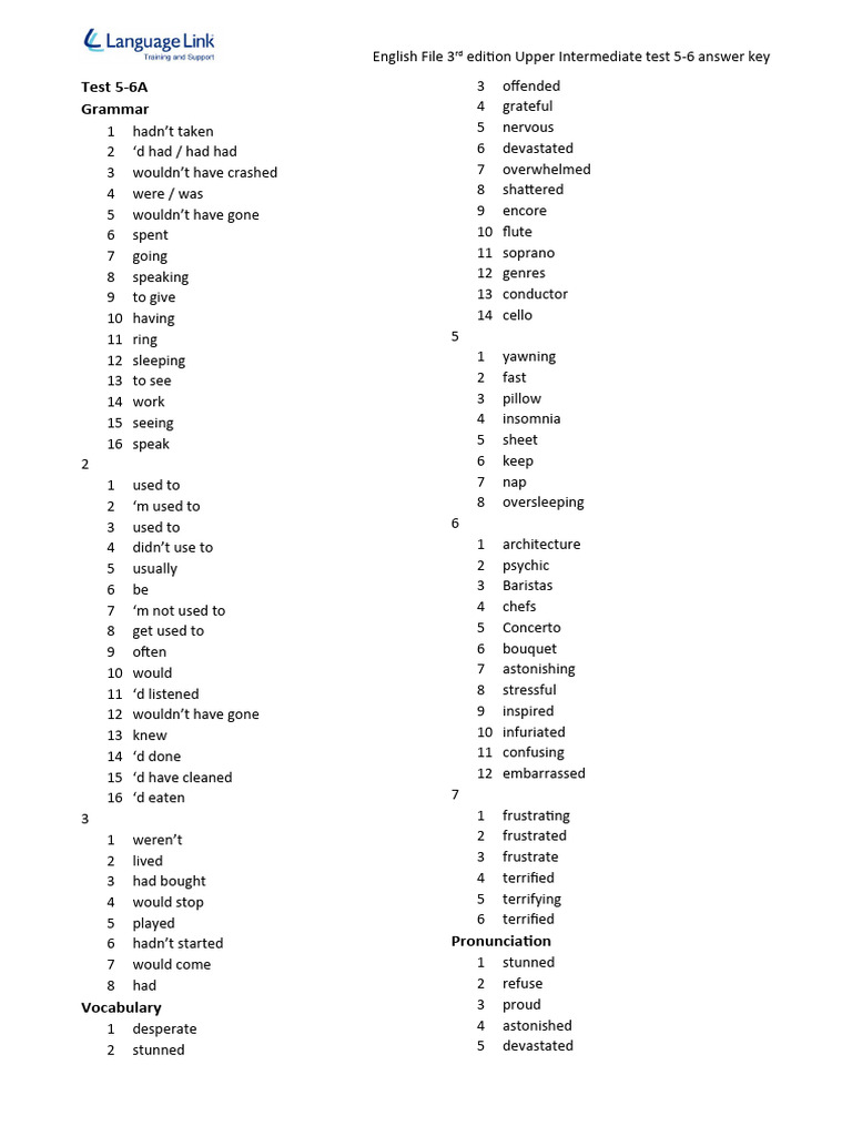 Upper Intermediate Test 5-6 Answer Key | PDF