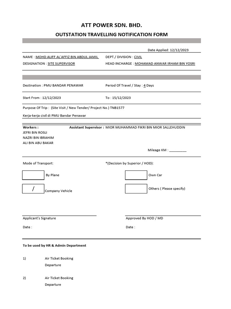 Outstation Travel Notification Form | PDF