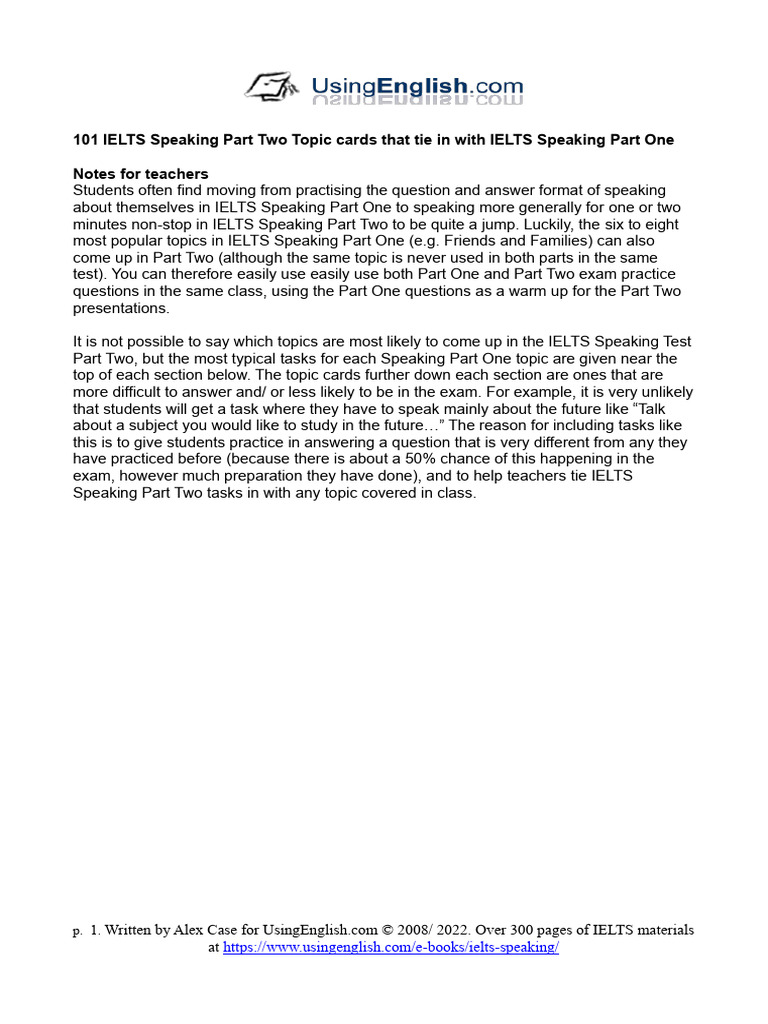 101 Ielts Speaking Part Two Topic Cards That Tie in With Ielts Speaking ...