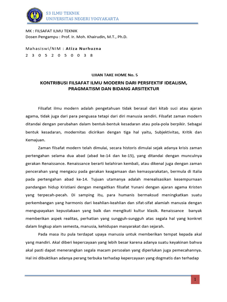Tugas 5. Kontribusi Filsafat Ilmu Modern Dari Persfektif Idealism, Pragmatism Dan Arsitektur | PDF