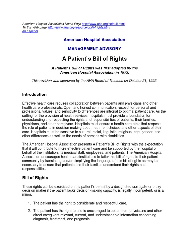 A Patient's Bill of Rights: American Hospital Association Management ...