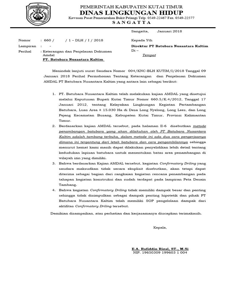 Surat Balasan Batubara Nusantara Kaltim | PDF