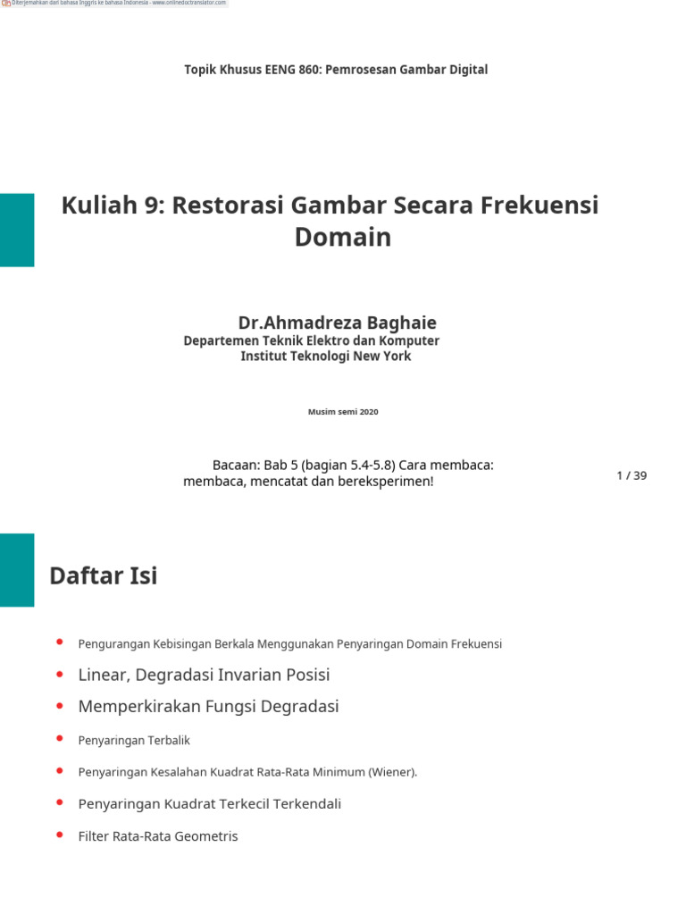 Restorasi Gambar: Kuliah 9 | PDF