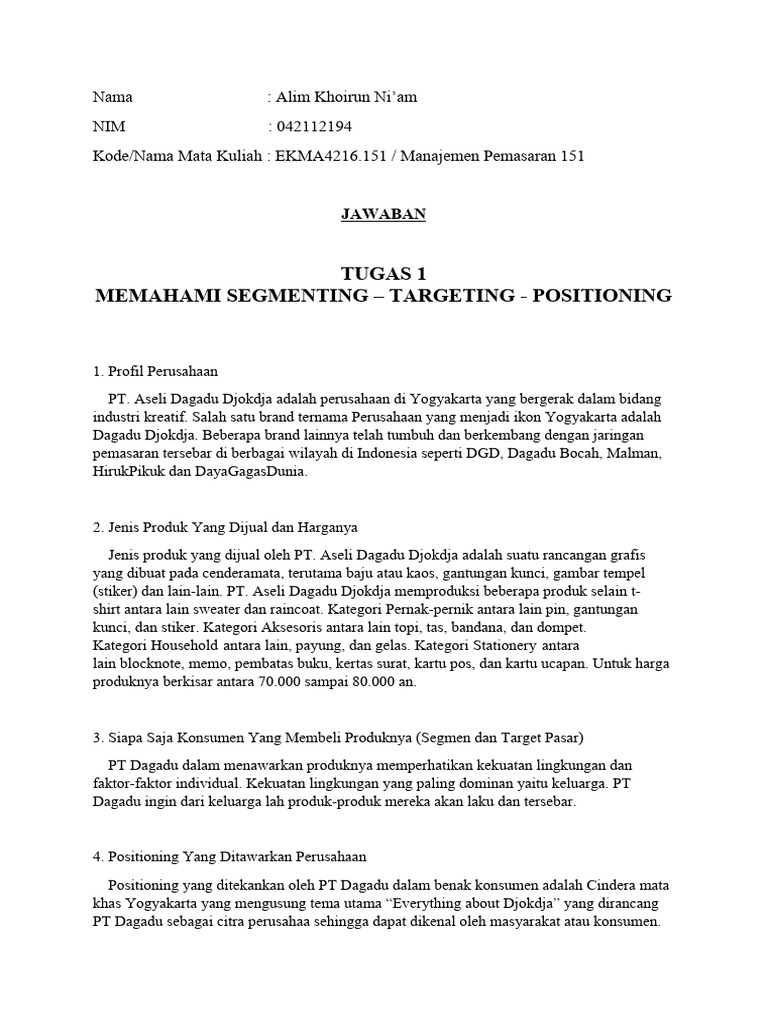 Tugas 1 Manajemen Pemasaran | PDF