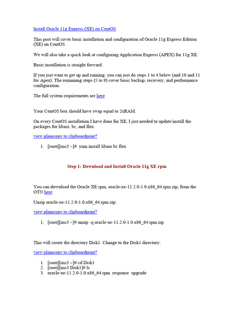 Install Oracle 11g Express Centos | PDF | System Software | Computing